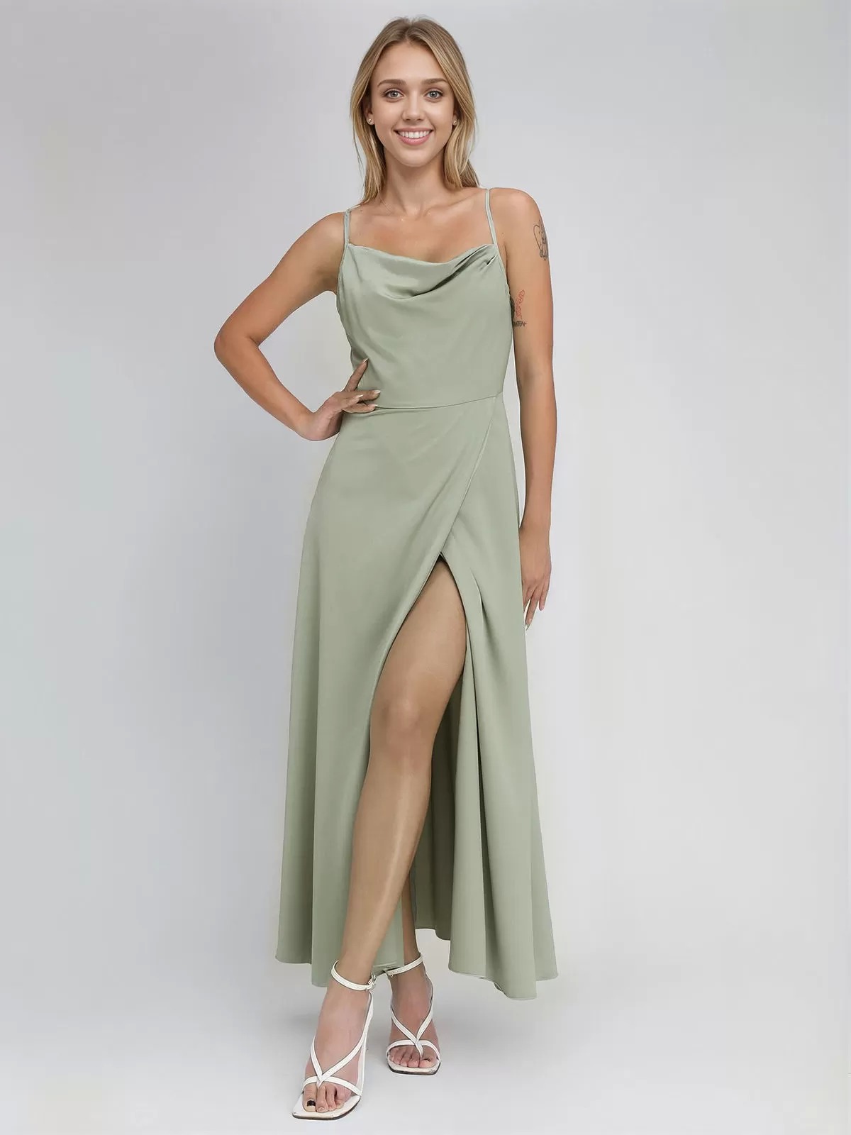 Solid Zipper Cowl Sleeveless Satin Slit Dresses | DRESSIN