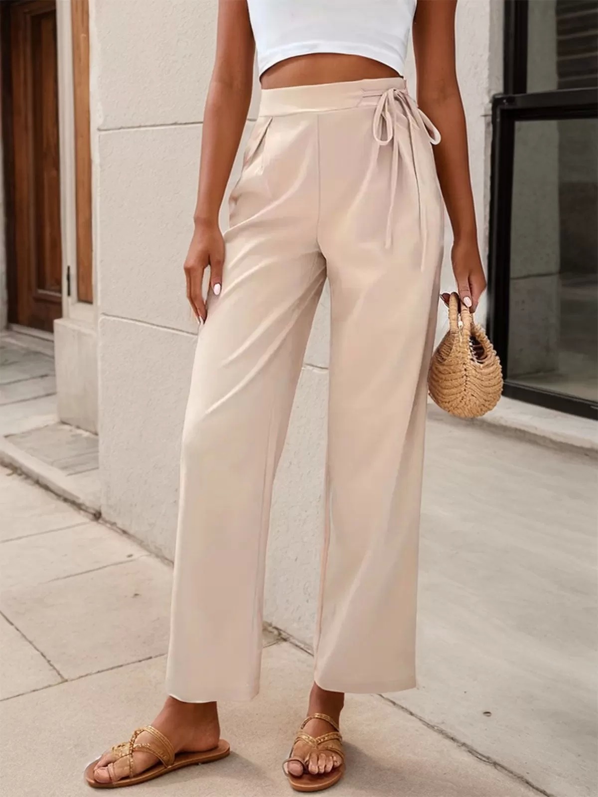 Solid Lace-up High Rise Drawstring Pants | DRESSIN