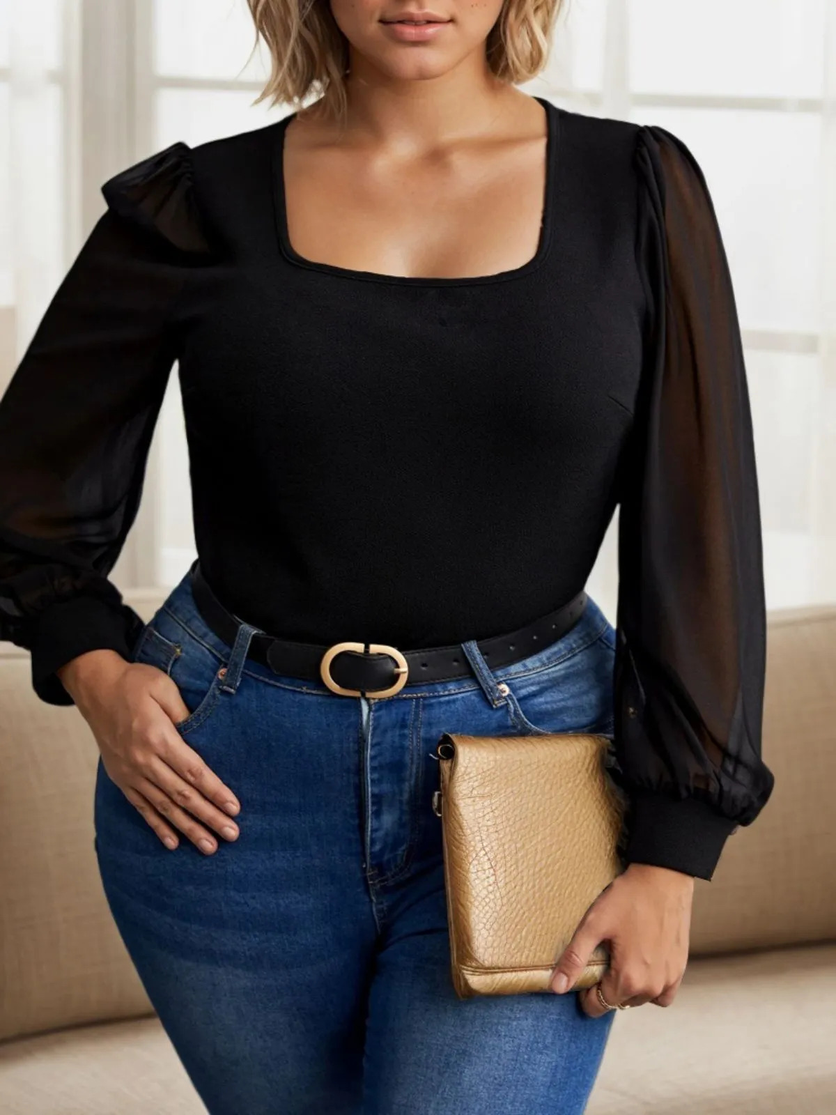Plus Size Square Neck Long Sleeve Blouse Dressin