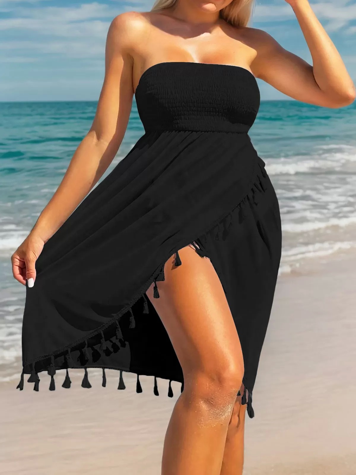 Solid Fringe High Rise Strapless Cover Up | DRESSIN